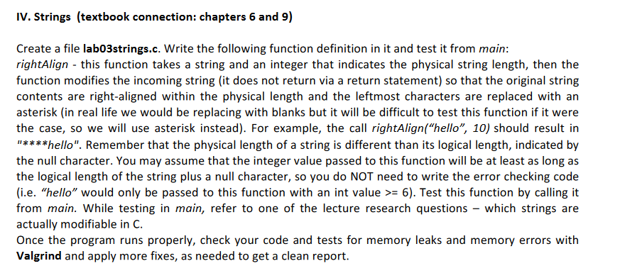 Solved IV. Strings (textbook connection: chapters 6 and 9) | Chegg.com