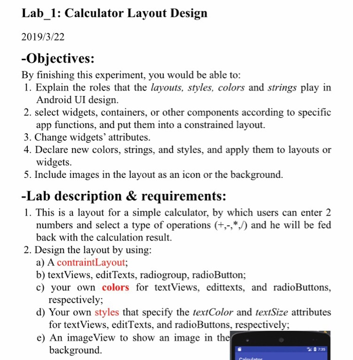 Solved Lab 1: Calculator Layout Design 2019/3/22 Objectives: | Chegg.com