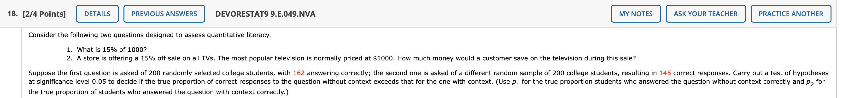 Solved 18. [2/4 Points] DETAILS PREVIOUS ANSWERS DEVORESTAT9 | Chegg.com