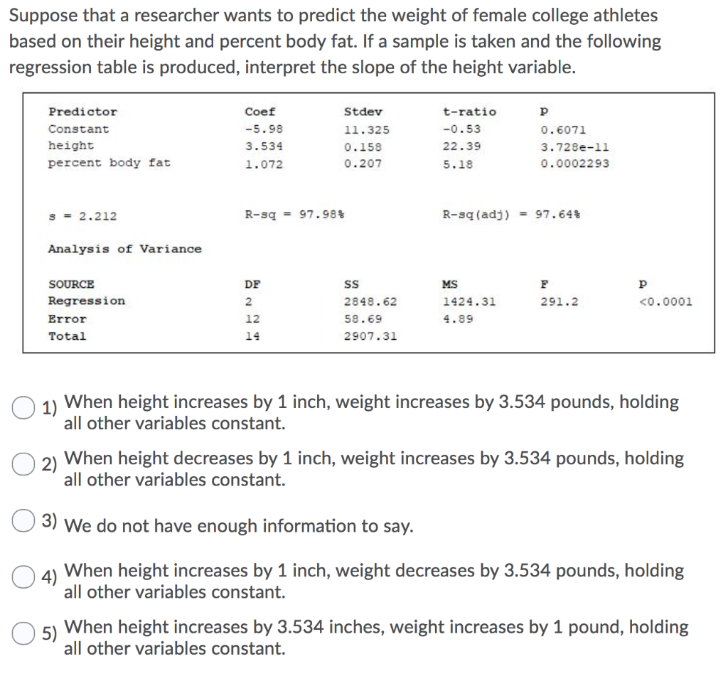 Solved Suppose that a researcher wants to predict the weight | Chegg.com