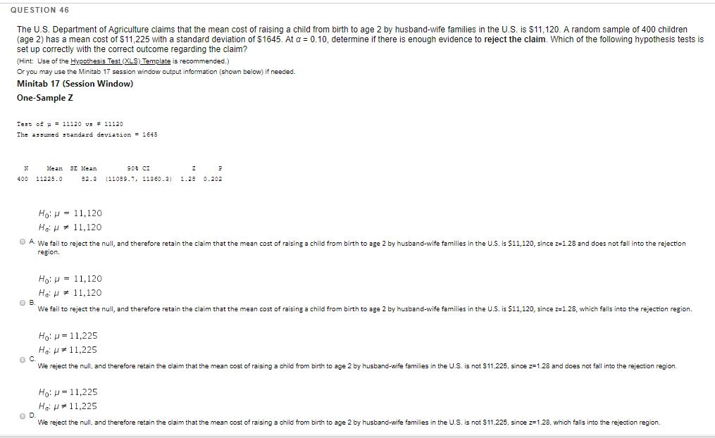 Solved QUESTION 46 The U.S. Department of Agriculture claims | Chegg.com