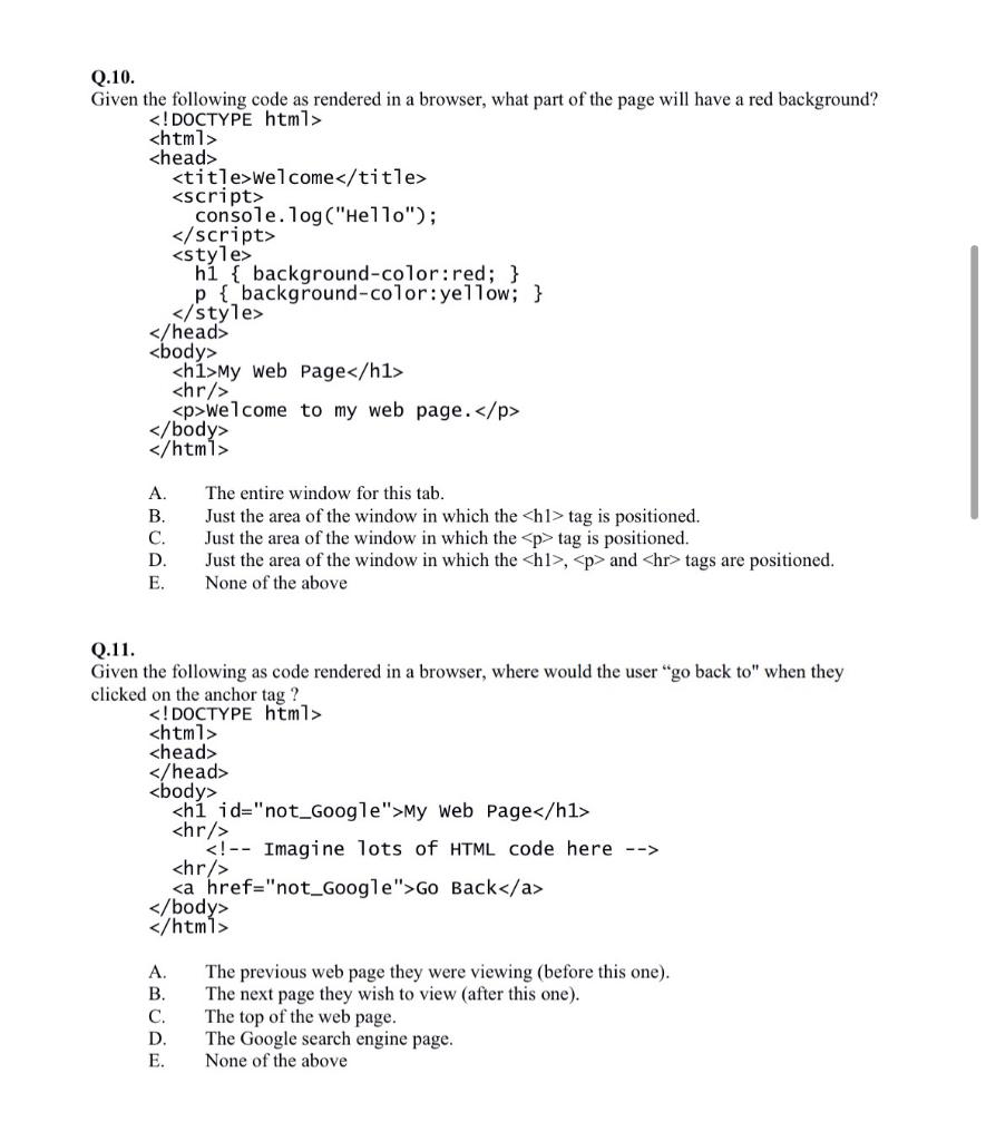 Solved Q.10. Given the following code as rendered in a | Chegg.com