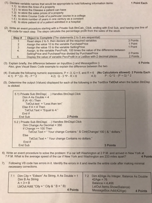 Solved (1). Declare variable names that would be appropriate | Chegg.com