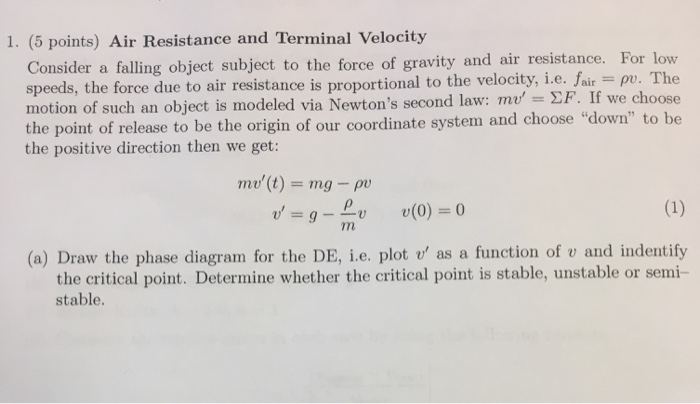 Solved 1. (5 points) Air Resistance and Terminal Velocity | Chegg.com