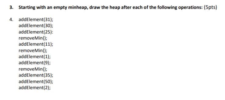 Solved 3. Starting with an empty minheap, draw the heap | Chegg.com