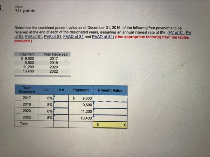 Solved value: 7.14 points Determine the combined present | Chegg.com