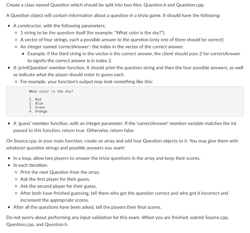 Solved Create a class named Question which should be split | Chegg.com