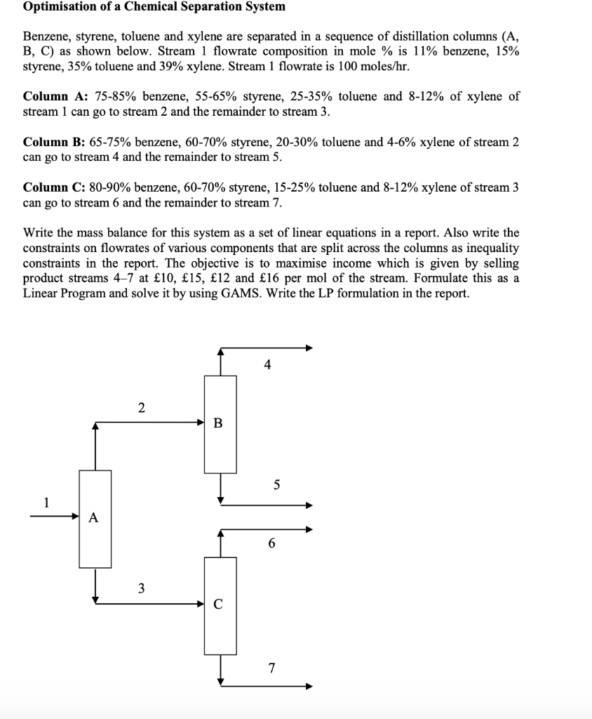 Optimisation of a Chemical Separation System Benzene, | Chegg.com