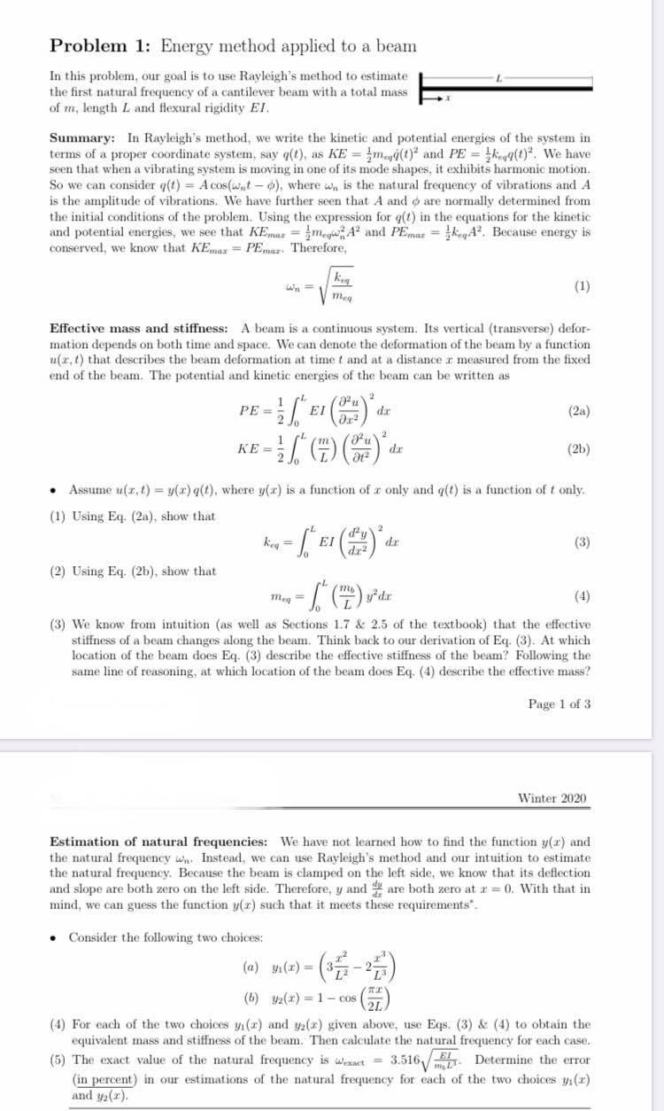 Solved Problem 1: Energy method applied to a beam In this | Chegg.com