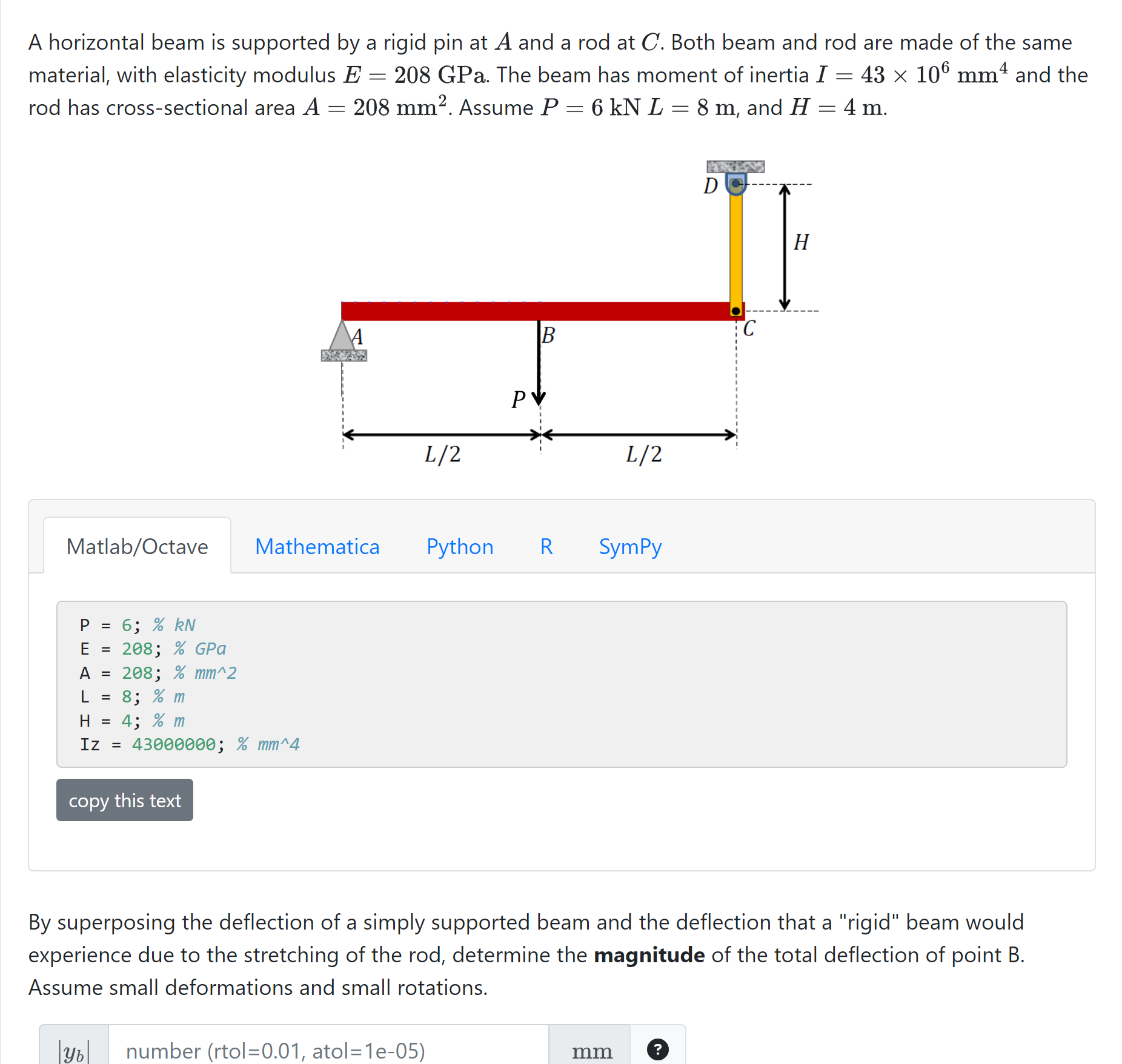 Solved A horizontal beam is supported by a rigid pin at A | Chegg.com