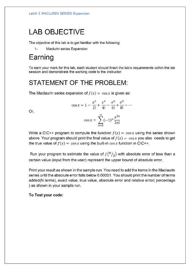 Solved Lab# 5 MACLURIN SERIES Expansion LAB OBJECTIVE The | Chegg.com