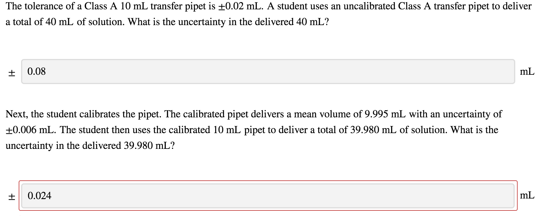 Solved The tolerance of a Class A 10 mL transfer pipet is | Chegg.com