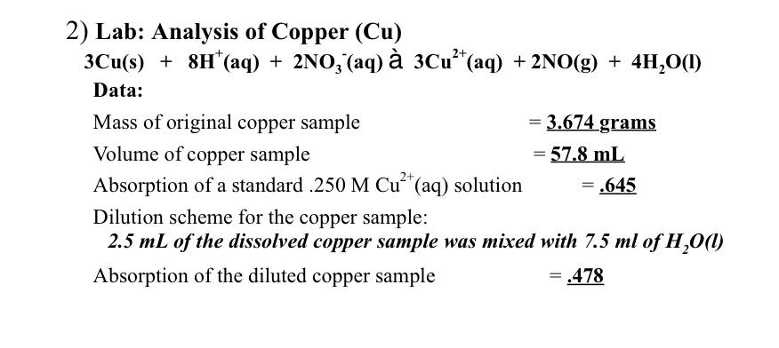 Solved 2) Lab: Analysis of Copper (Cu) 3Cu(s) + 8H*(aq) + | Chegg.com