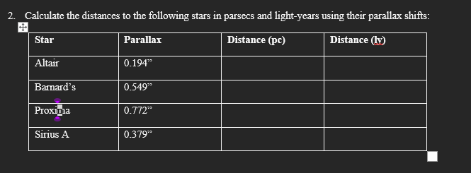 Solved Calculate the distances to the following stars in | Chegg.com