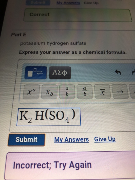 Solved My Answers Give Up orrect Part E potassium hydrogen | Chegg.com