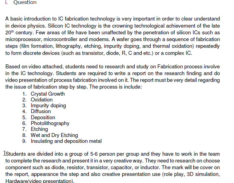 Solved i. Question A basic introduction to IC fabrication | Chegg.com