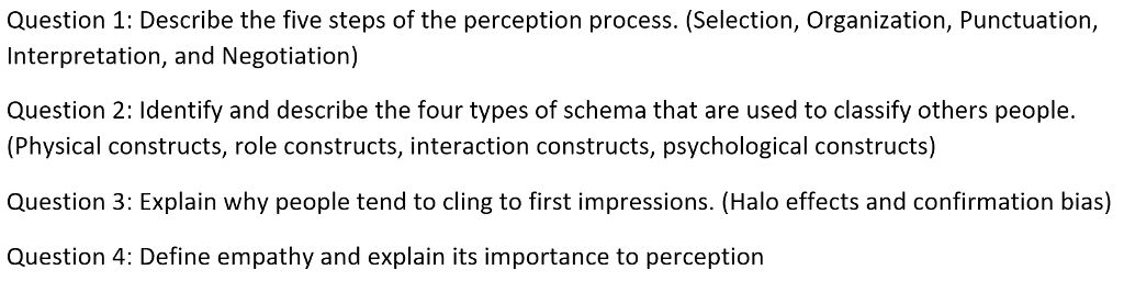 Solved Question 1: Describe the five steps of the perception | Chegg.com