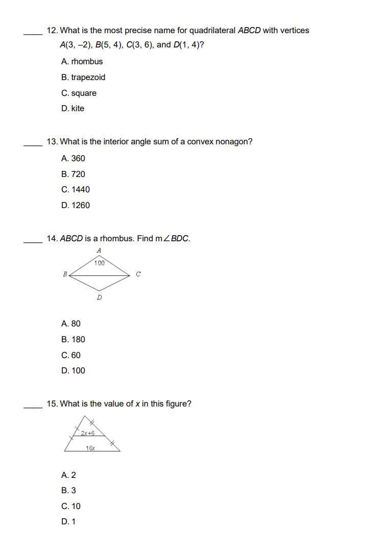 Solved 12. What is the most precise name for quadrilateral | Chegg.com