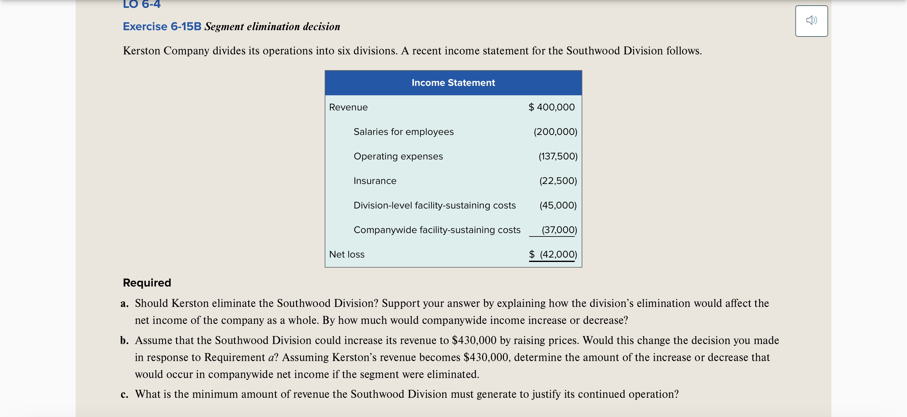Solved Exercise 6-15B Segment elimination decision Kerston | Chegg.com