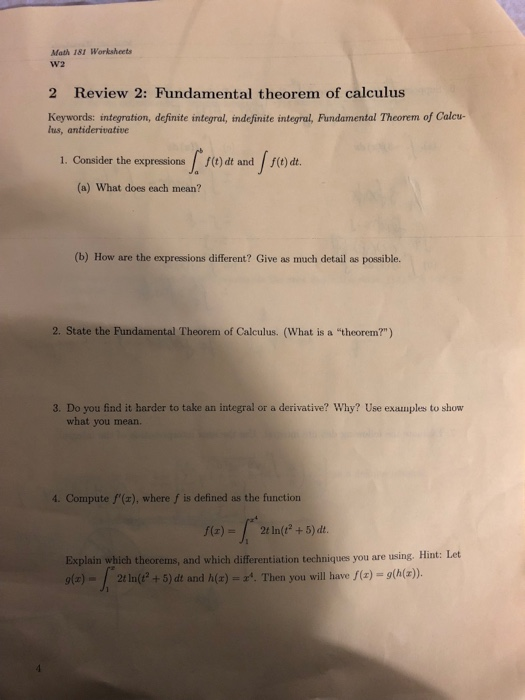 Solved Math 181 Worksheets W2 2 Review 2: Fundamental | Chegg.com