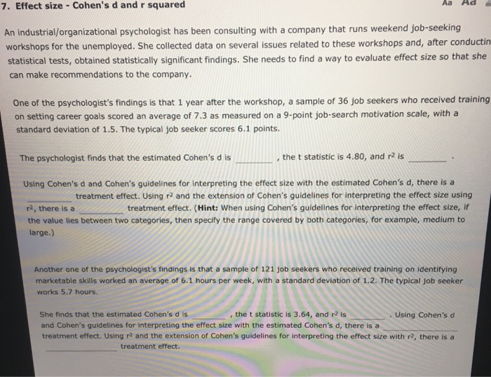 Solved 7. Effect size- Cohen's d and r squared An | Chegg.com