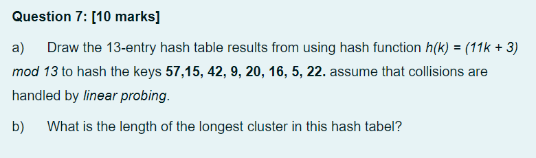 Solved Question 7: [10 marks] a) Draw the 13-entry hash | Chegg.com