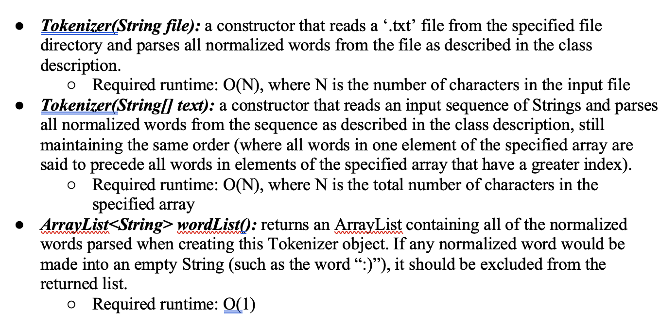 Solved Write a class 'Tokenizer' that provides the | Chegg.com