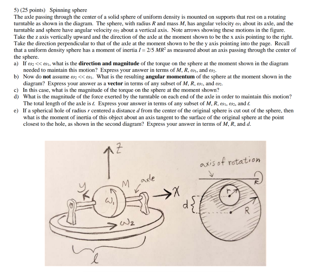 Solved 5) (25 points) Spinning sphere The axle passing | Chegg.com