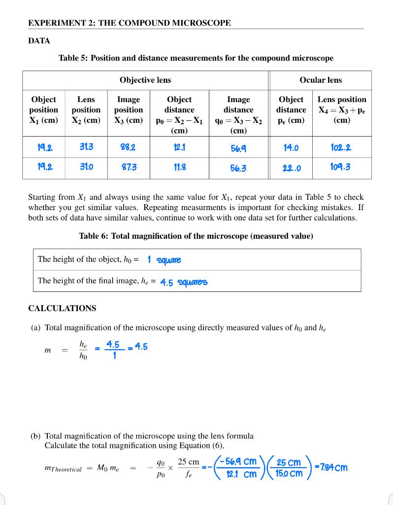 Solved EXPERIMENT 2: THE COMPOUND MICROSCOPE DATA Table 5: | Chegg.com