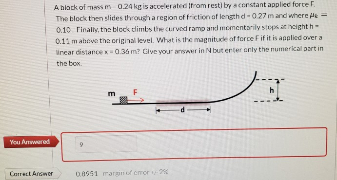 Solved A block of mass m 0.24 kg is accelerated (from rest) | Chegg.com