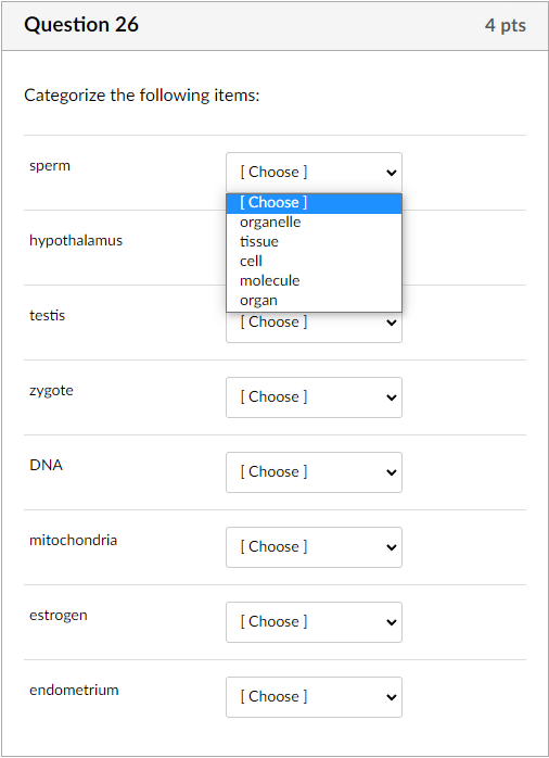 Solved Question 26 4 pts Categorize the following items: | Chegg.com