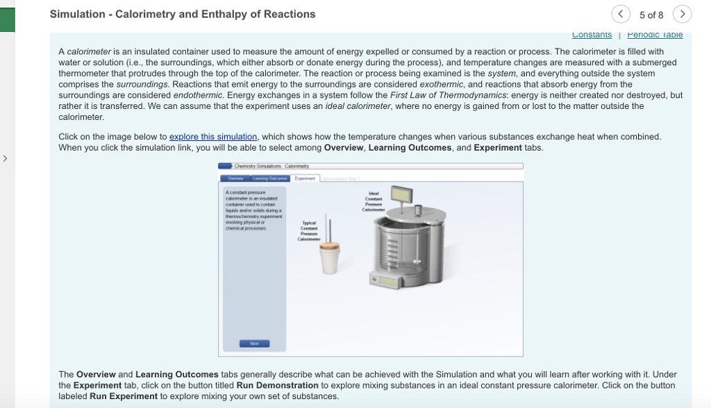 Simulation - Calorimetry and Enthalpy of Reactions 5 | Chegg.com