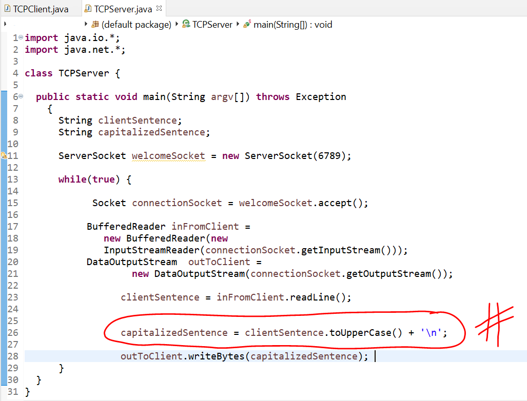Solved Client.java \& 』TCPServer.java (default package) ∨ Q | Chegg.com