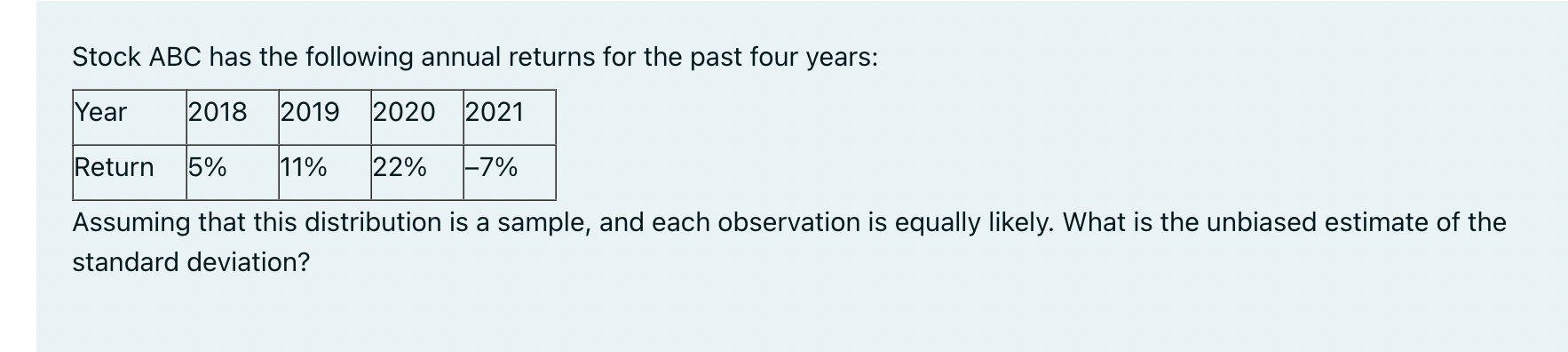 Solved Stock ABC has the following annual returns for the | Chegg.com