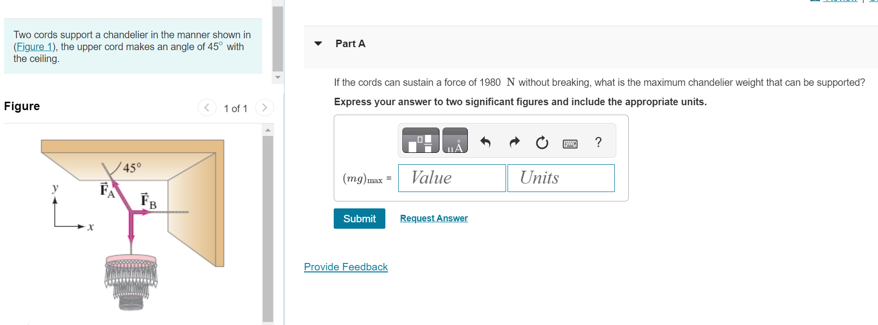 Solved Two cords support a chandelier in the manner shown | Chegg.com