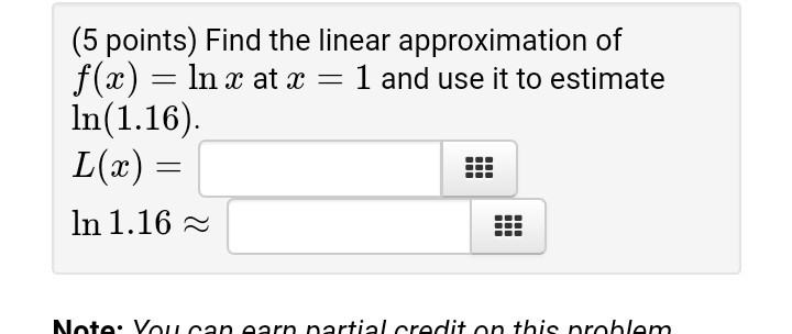 Solved (5 points) Find the linear approximation of f(x) = ln | Chegg.com