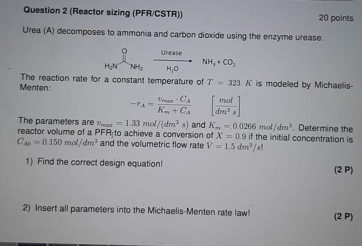 Solved Question 2 (Reactor sizing (PFR/CSTR)) 20 points Urea | Chegg.com