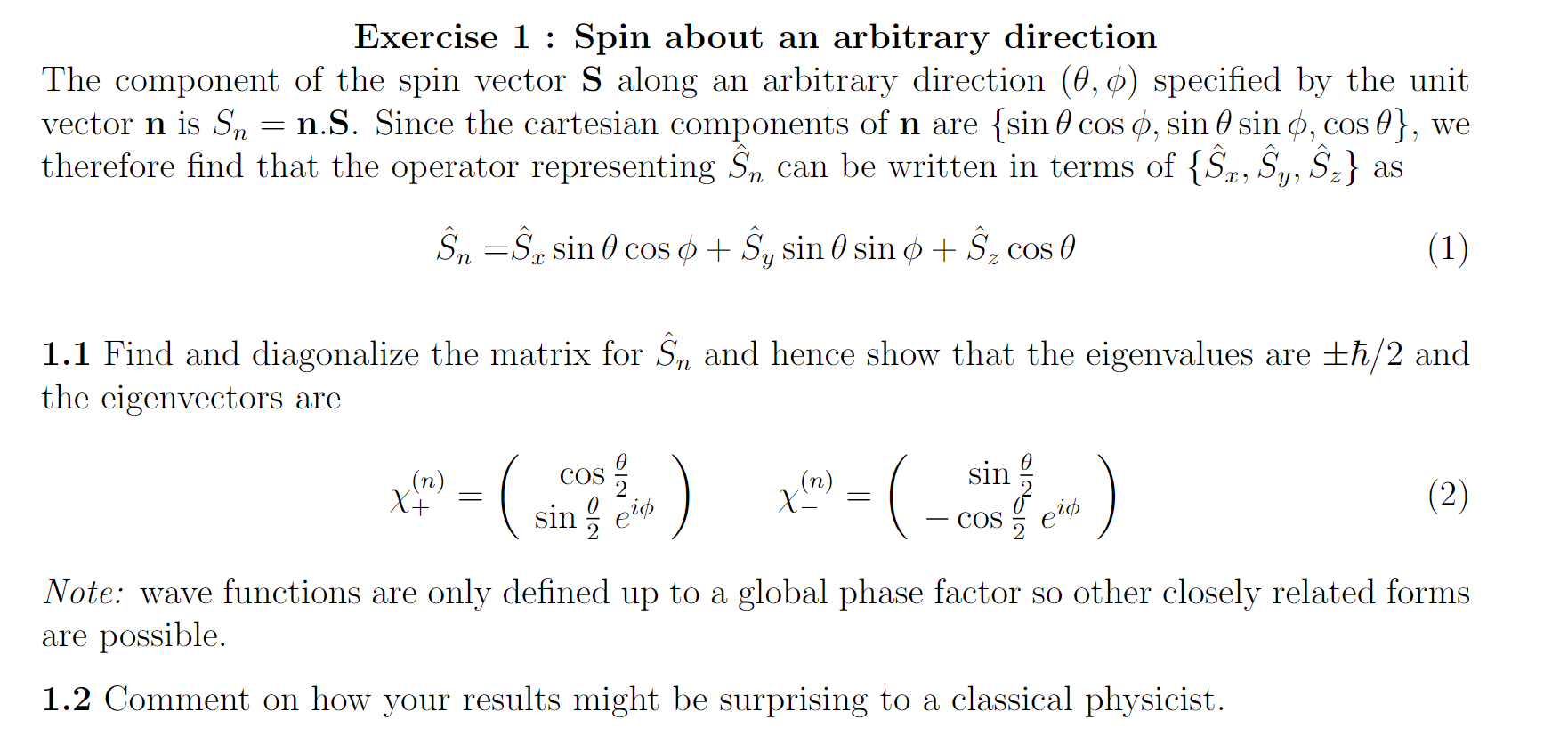 Solved Exercise 1: Spin about an arbitrary direction The | Chegg.com
