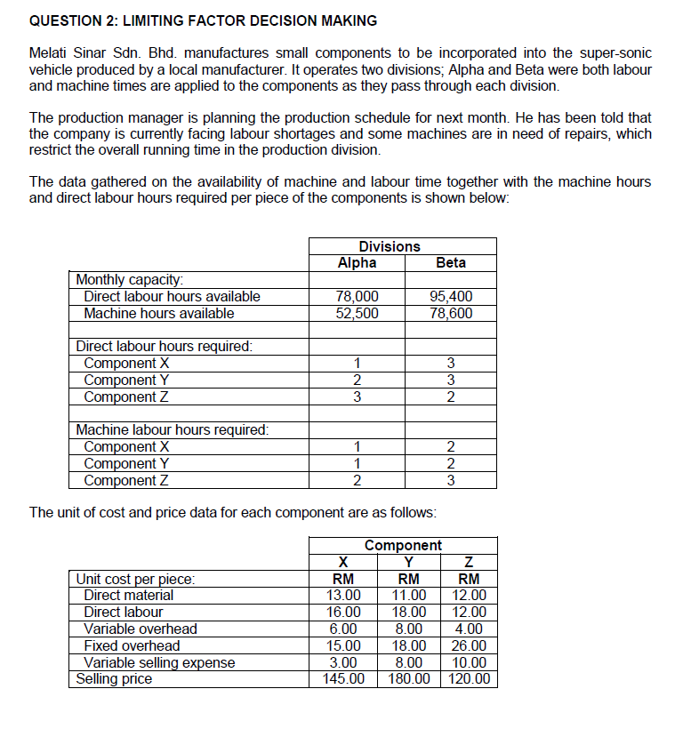 Solved QUESTION 2: LIMITING FACTOR DECISION MAKING Melati | Chegg.com