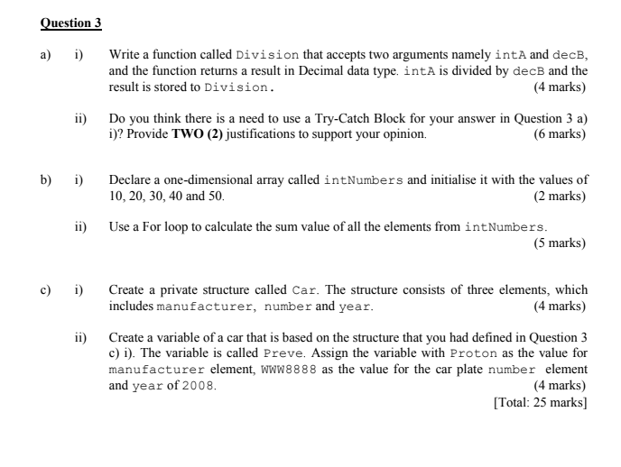 Solved Question 3 a) i) Write a function called Division | Chegg.com