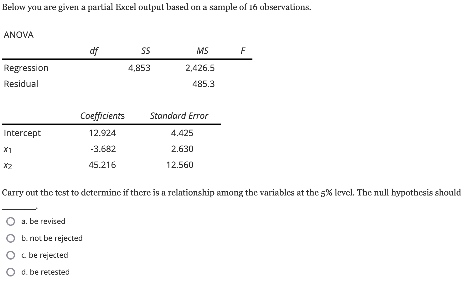 Solved Below you are given a partial Excel output based on a | Chegg.com