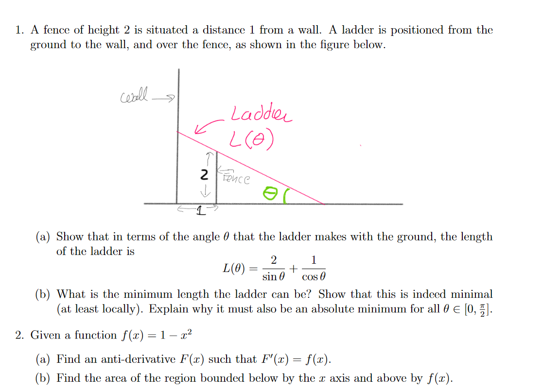 Solved 1. A fence of height 2 is situated a distance 1 from | Chegg.com