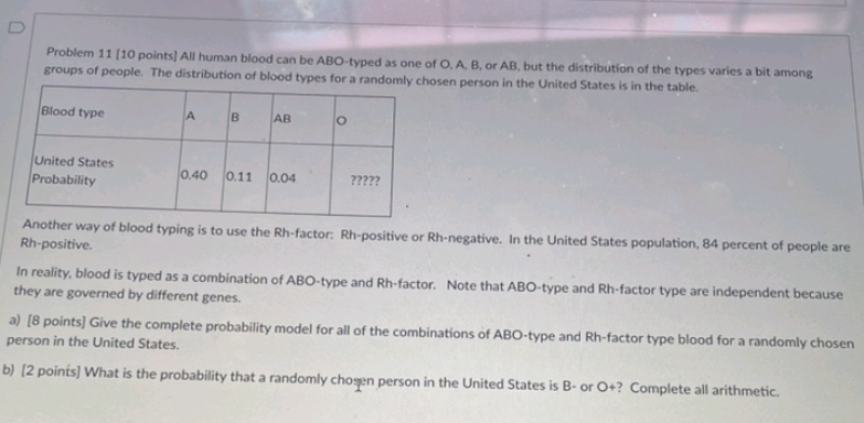 Solved D Problem 11 (10 points) All human blood can be | Chegg.com