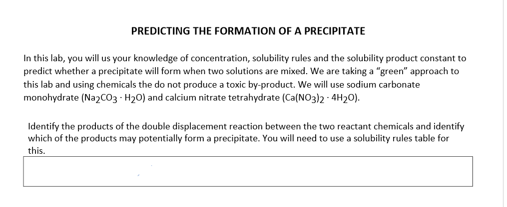 Solved PREDICTING THE FORMATION OF A PRECIPITATE In this | Chegg.com