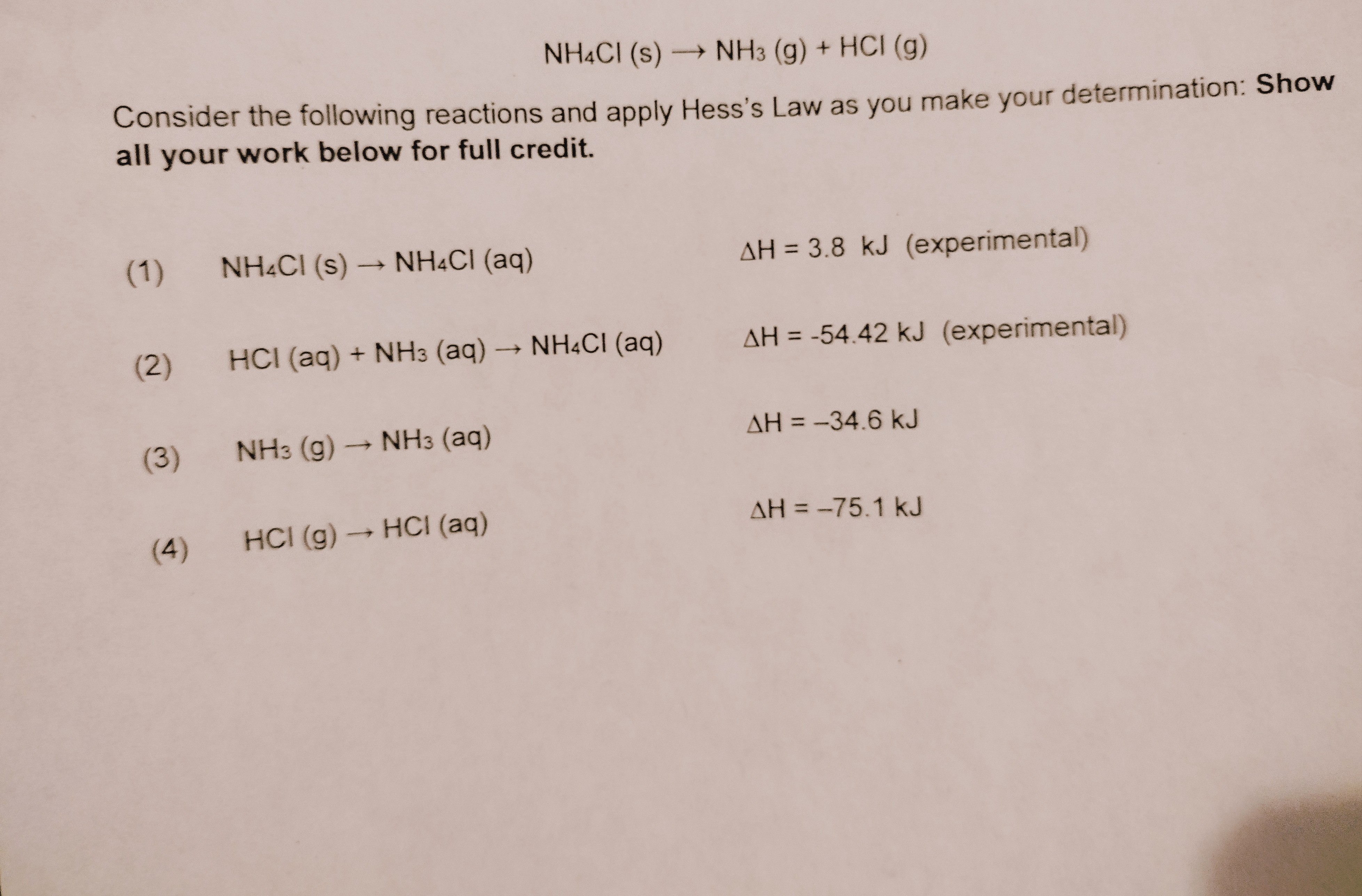 Solved NH4Cl(s)→NH3( g)+HCl(g) Consider the following | Chegg.com