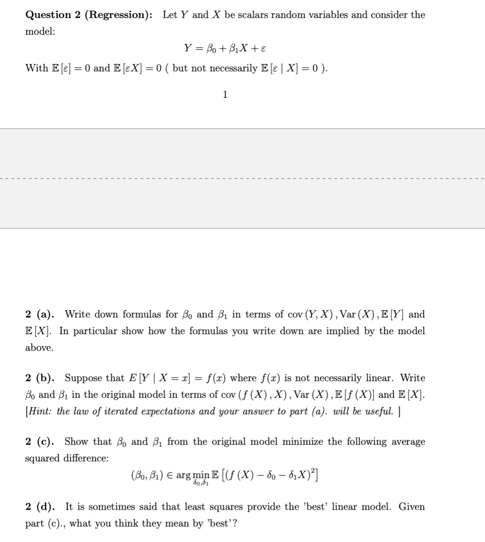 Solved Question 2 (Regression): Let Y and X be scalars | Chegg.com