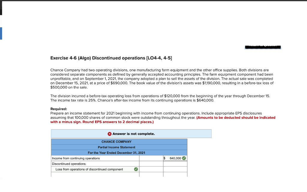 Solved Exercise 4-9 (Algo) Discontinued operations; disposal | Chegg.com