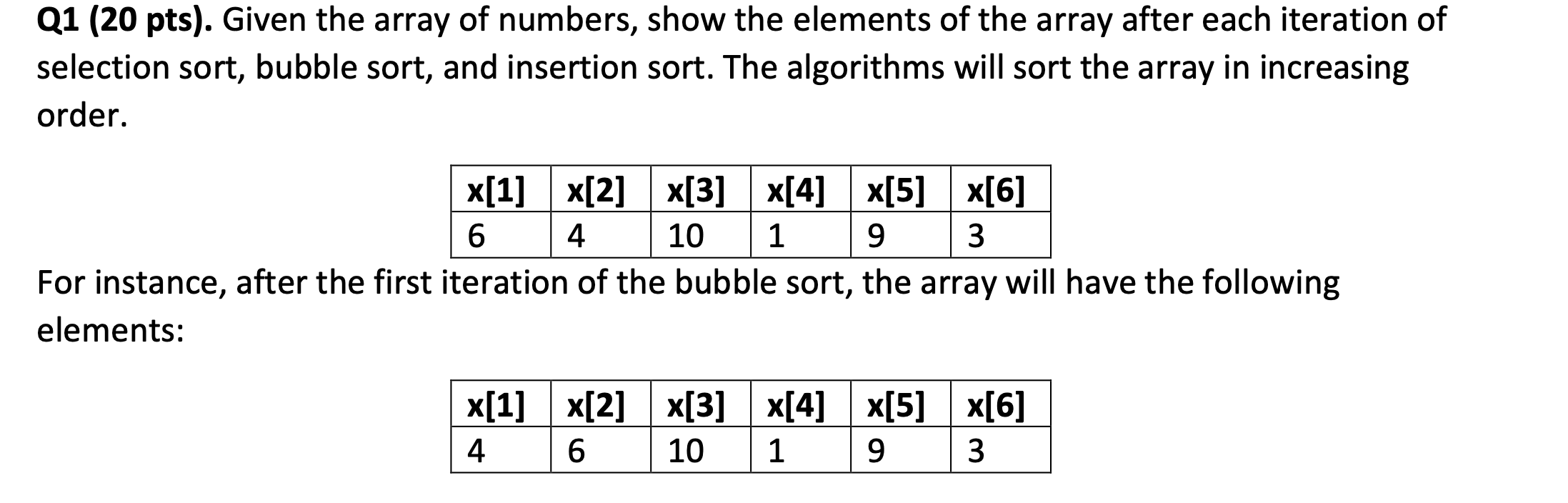 Solved Q1 (20 pts). Given the array of numbers, show the | Chegg.com