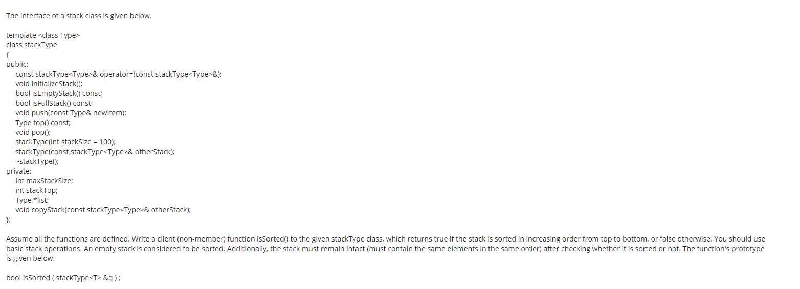 Solved The Interface Of A Stack Class Is Given Below 