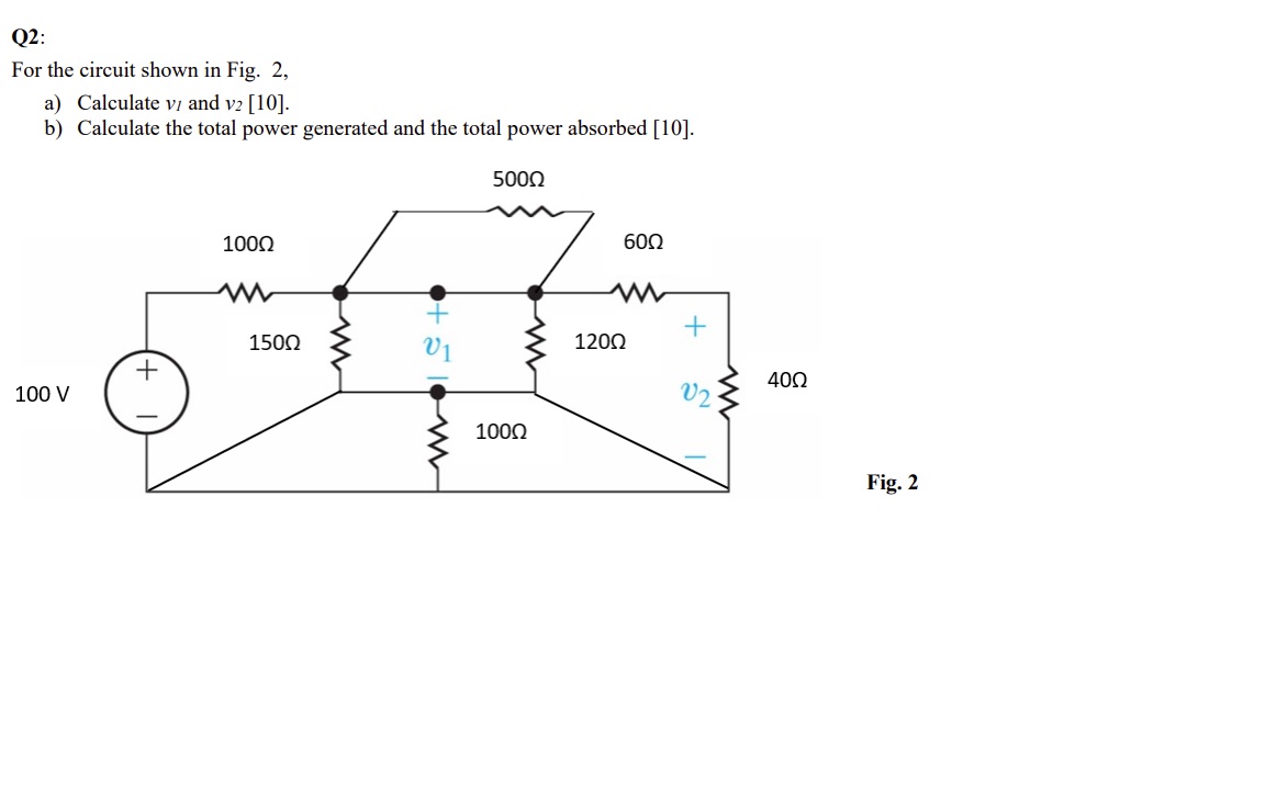 Solved Q2: For the circuit shown in Fig. 2, a) Calculate v1 | Chegg.com